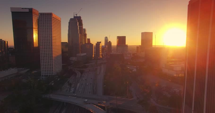 4K. Los Angeles City. Sunset Sun Setting Into Downtown LA Skyline ...