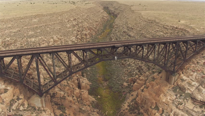 AERIAL: Empty Steel Arch Railroad Bridge Across The Canyon Diablo In ...
