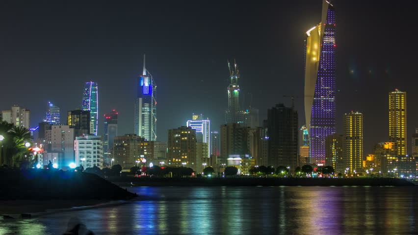 Skyline With Skyscrapers Night Timelapse In Kuwait City Downtown ...