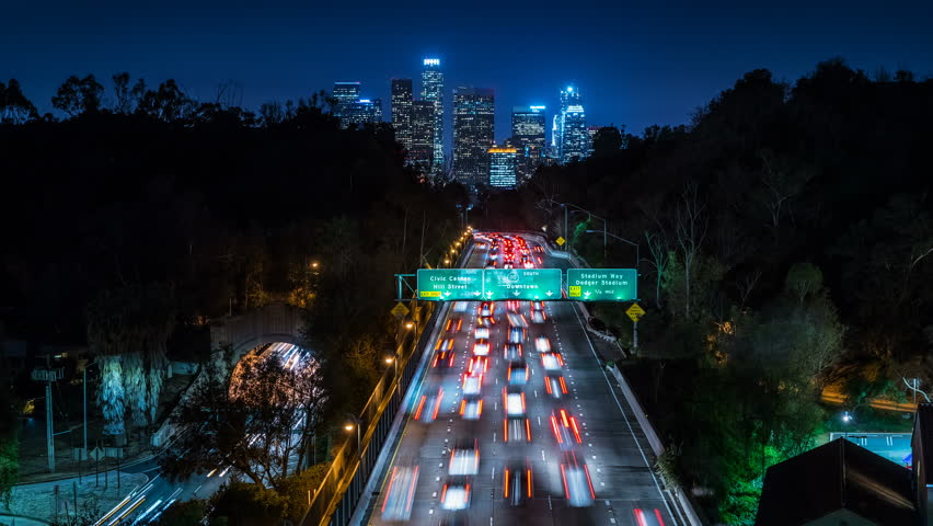 Downtown Los Angeles Skyline And Freeway City Traffic At Night ...
