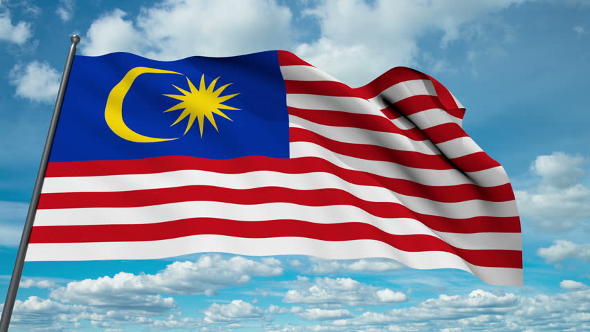 Flag Of Malaysia Waving With Blue Sky And Clouds Background. Stock ...