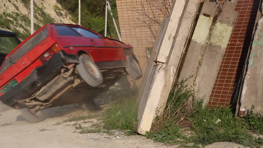 Red Car Crashed Into A Concrete Wall Stock Footage Video 3130312 ...
