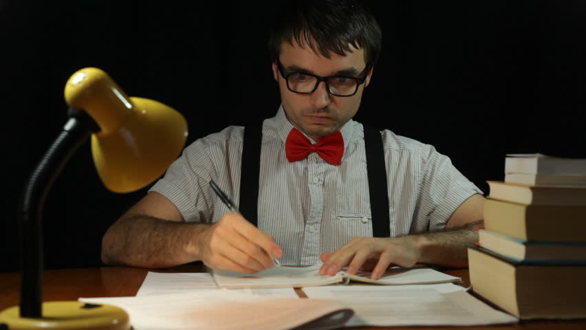 Crazy Nerd Man Writing In Home Office At Night Stock Footage Video ...