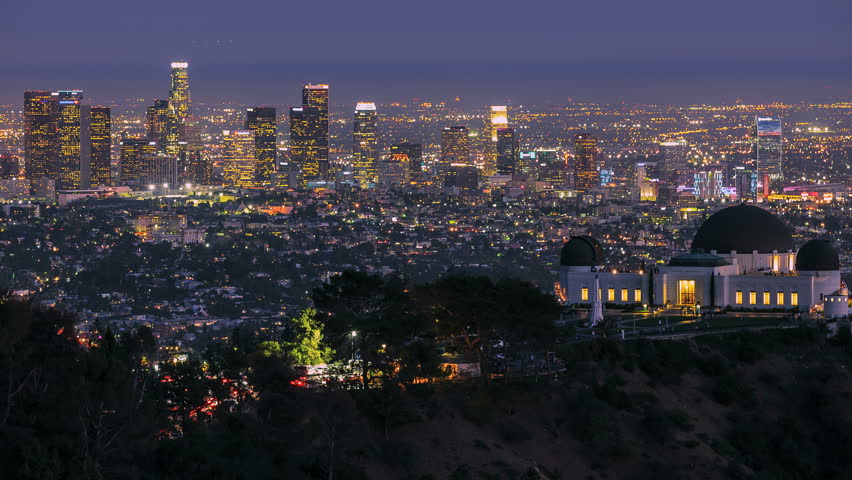 Amazing Sunset To Night Los Angeles City Skyline Timelapse. Aerial Zoom ...