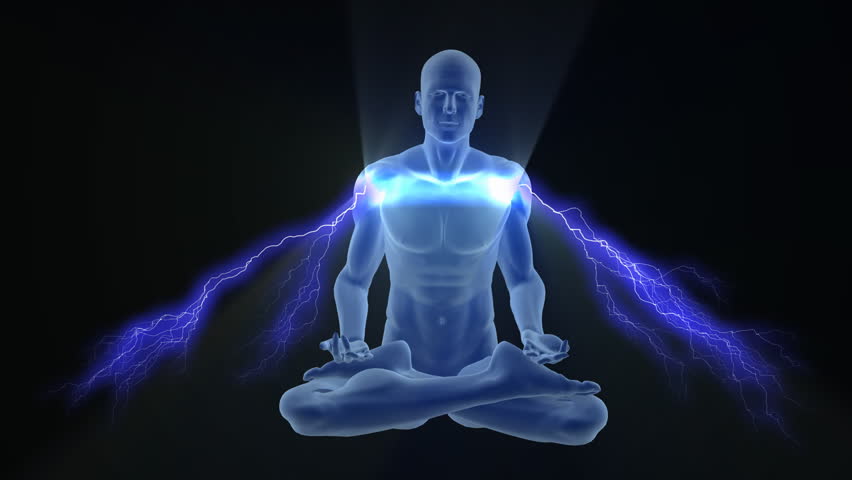 Man Silhouette In Enlightened Yoga Meditation Pose With Chackras ...