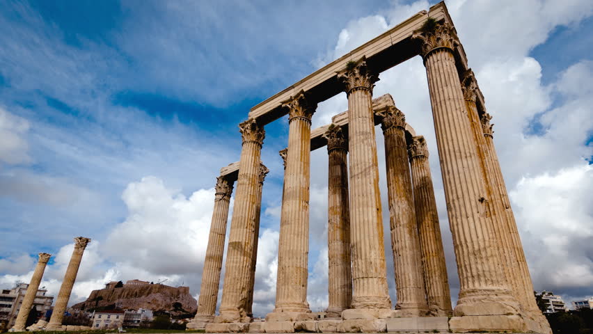 Greek Pillars Against Blue Sky And Sunset Clouds Timelapse.Timelapse Of ...