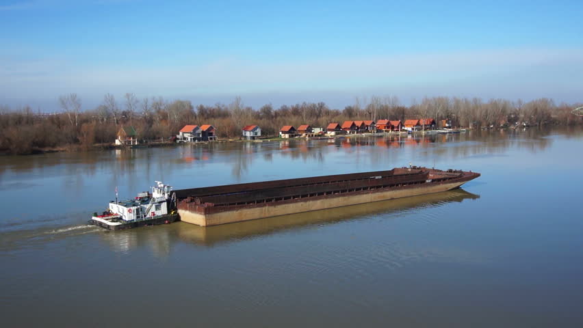 Towboat Pusher Boat With Barge Aerial Shot On River Stock Footage Video ...